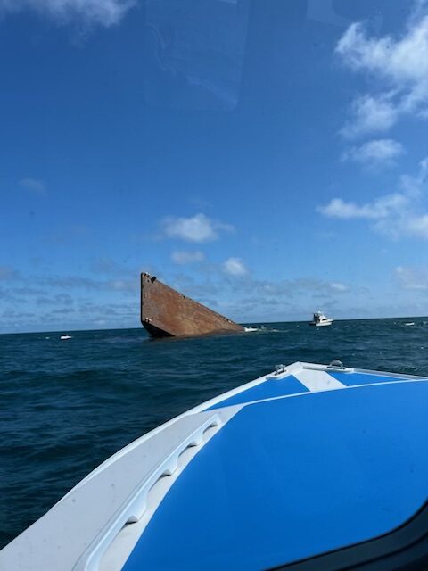 NJDEP| Fish & Wildlife | Barge Deployment on the Little Egg Inlet Reef